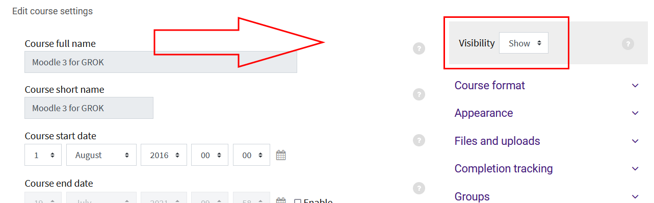 Moodle: Course Visibility - GROK Knowledge Base